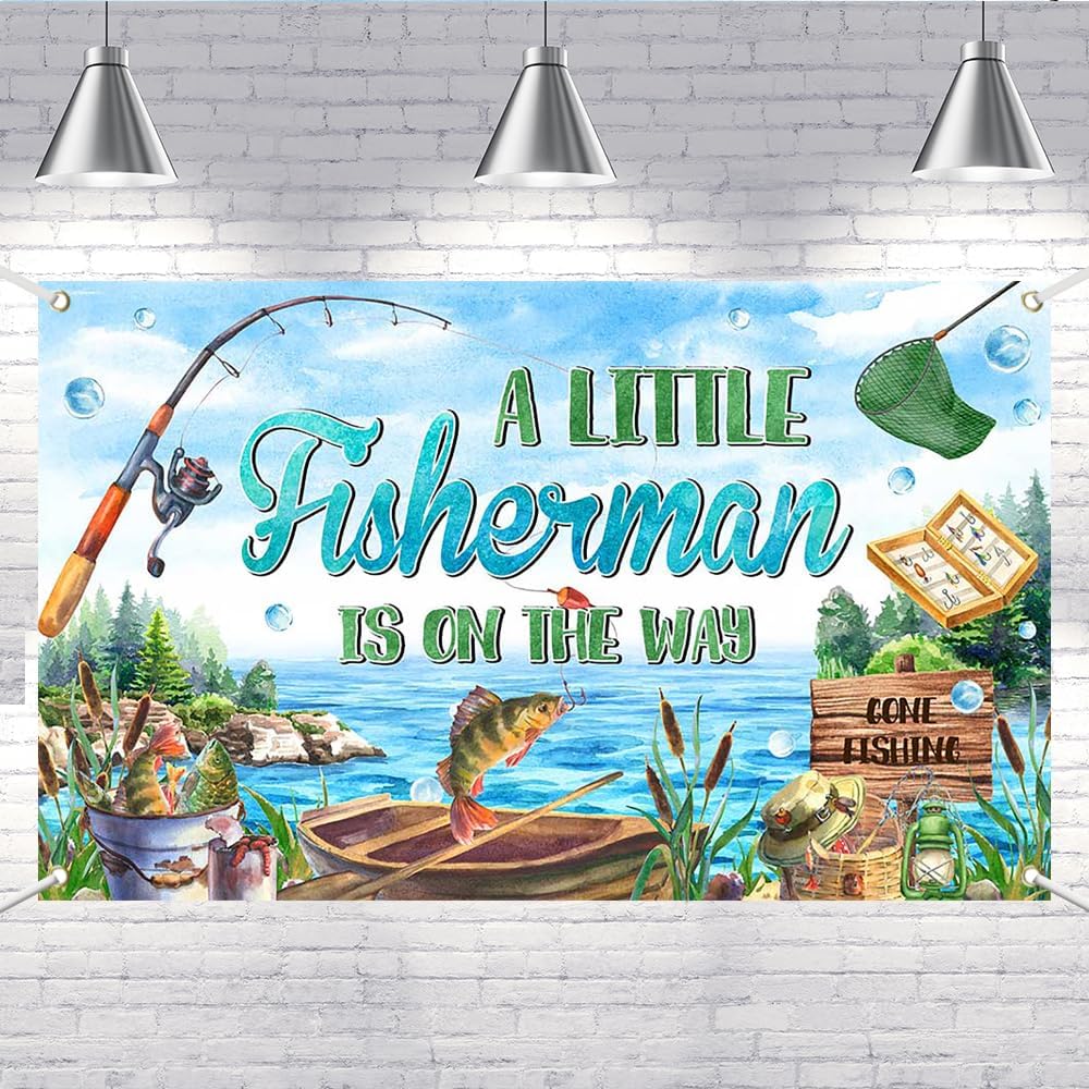 A Little Fishermen is On the Way Banner Gone Fishing Backdrop Fish Wall ...