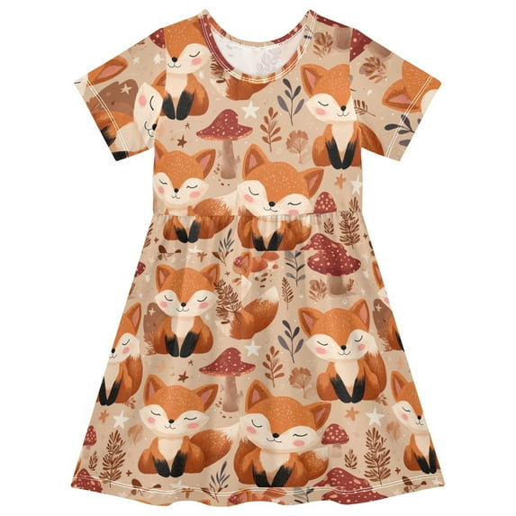 A Little Fox with A Smiling Face. Short Sleeve Dress A-Line Cute Midi ...