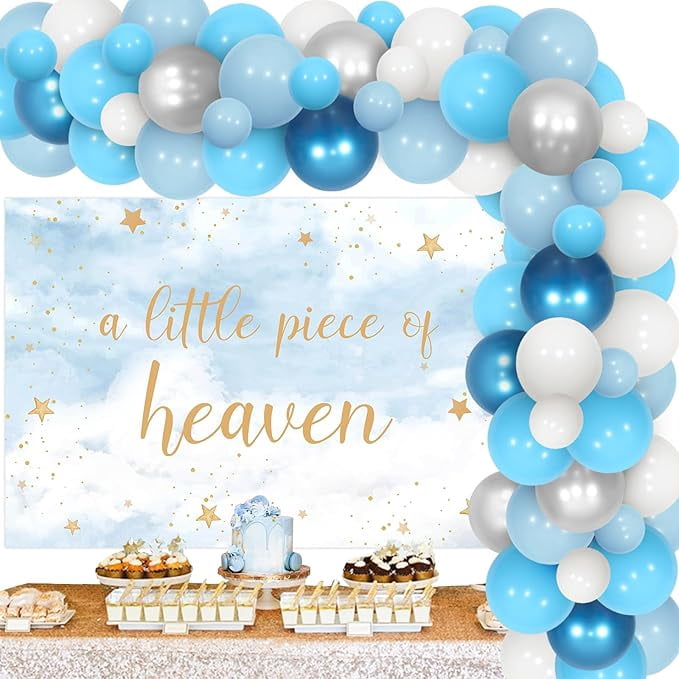 A Little Piece of Heaven Baby Shower Decor Backdrop Banner Blue Balloon ...