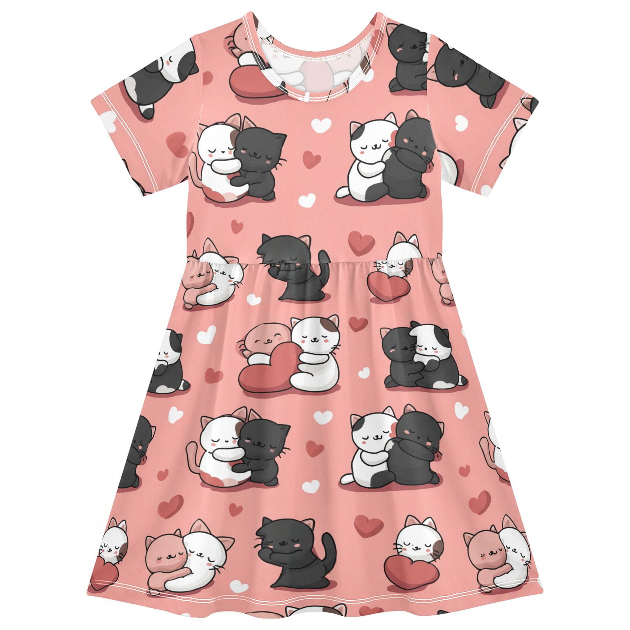 A Loving Hug for The Cat Short Sleeve Dress A-Line Cute Midi Casual ...