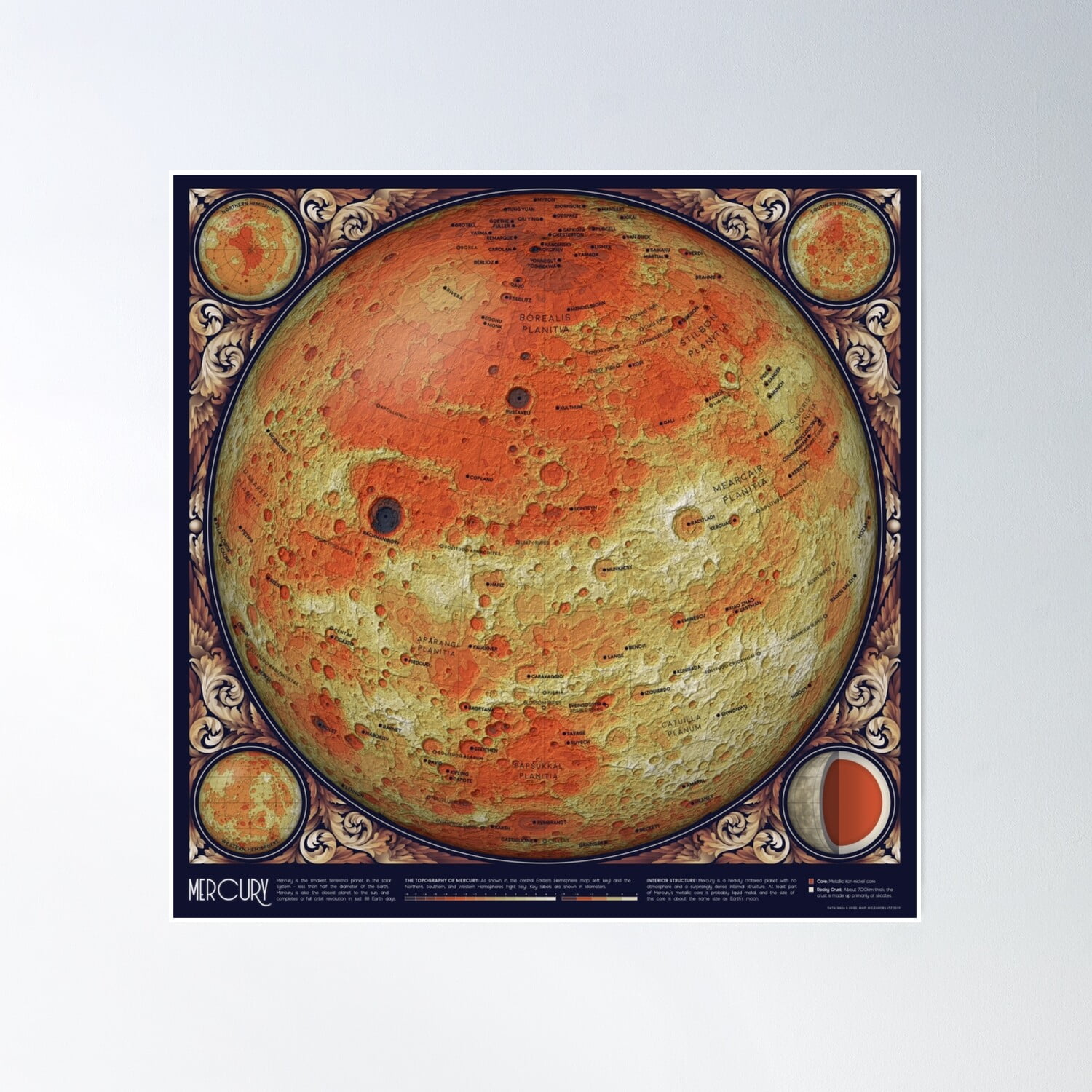 A Map Of Mercury Poster Wall Art, Modern Wall Decor, 24x24 UNFRAMED ...