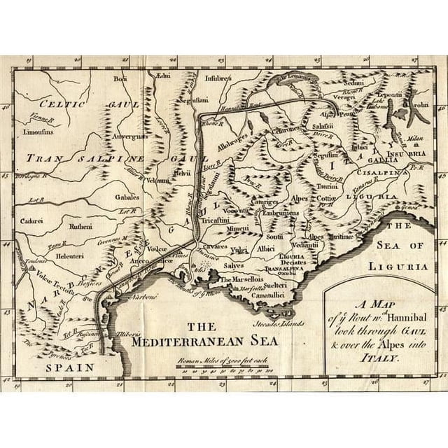 A Map Of The Route Hannibal Took Through Gaul And Over The Alps Into ...