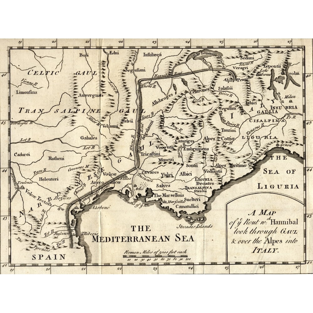 A Map Of The Route Hannibal Took Through Gaul And Over The Alps Into ...