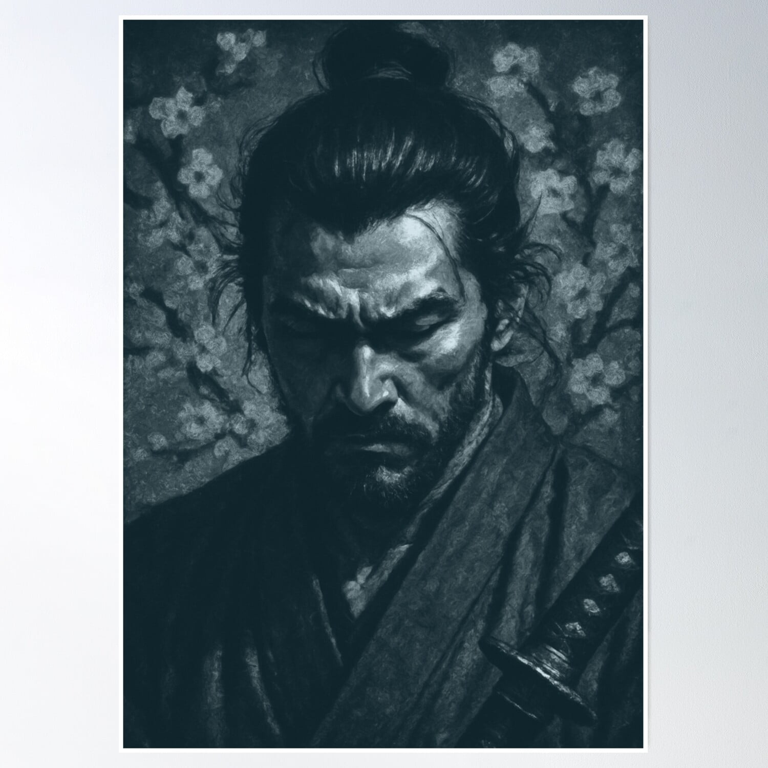 A Monochromatic Portrait Of Samurai In Blue Tones Poster Wall Art ...