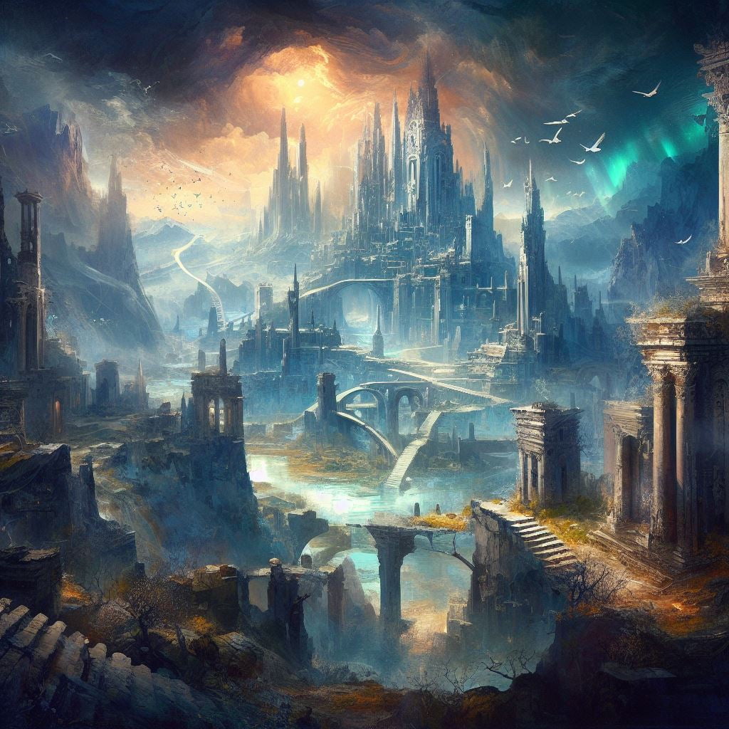 A Mystical City with Ancient Ruins Digital Painting - 12" x 18" Art ...