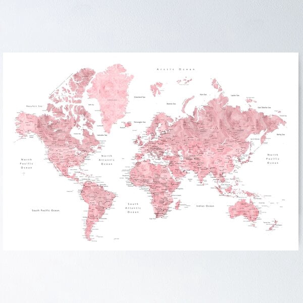 A NEW Light pink and muted pink world map with cities Poster - Walmart.com