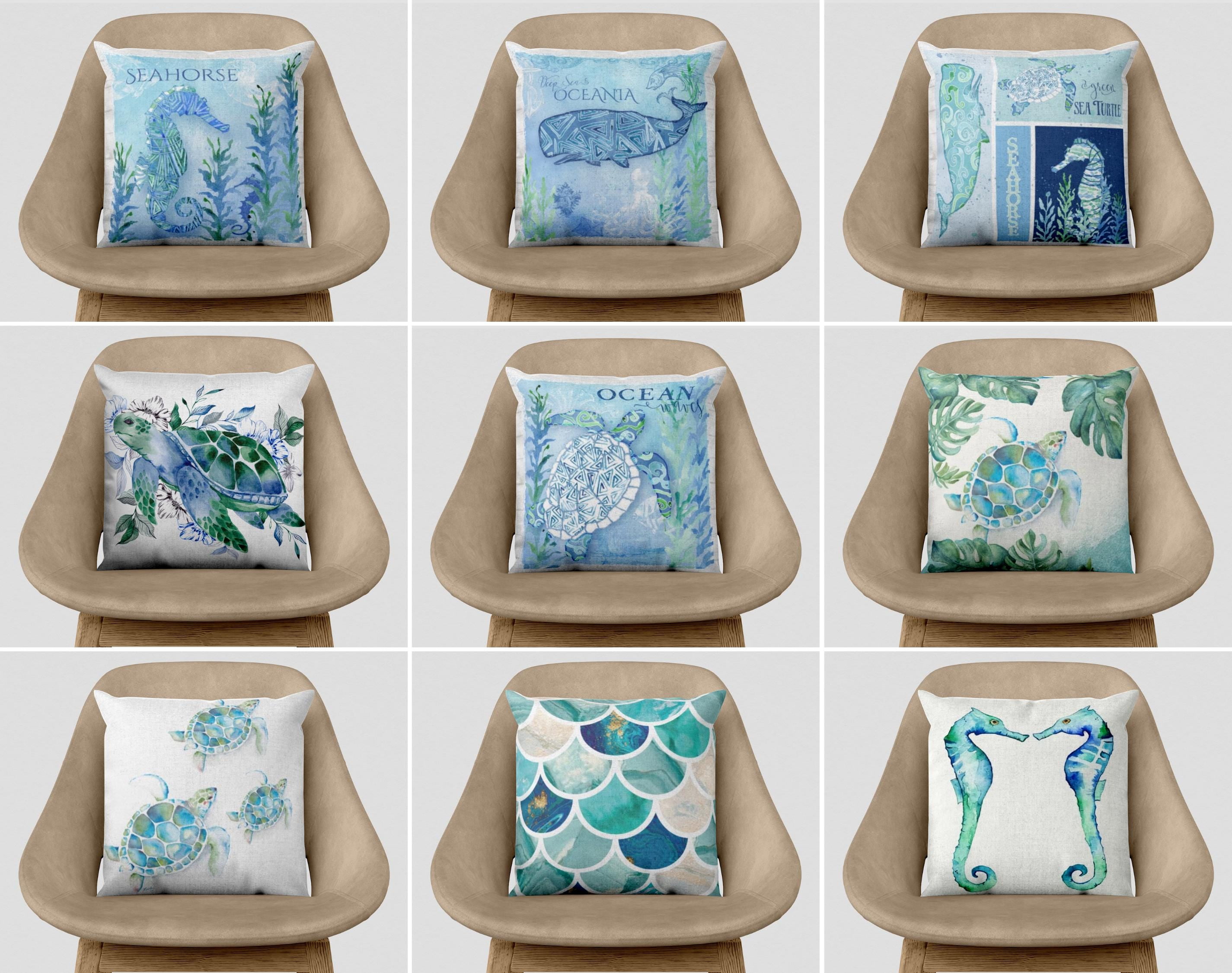 A NEW Nautical Pillow Cover, Sea Life Cushion Case, Sea Turtles Cushion ...