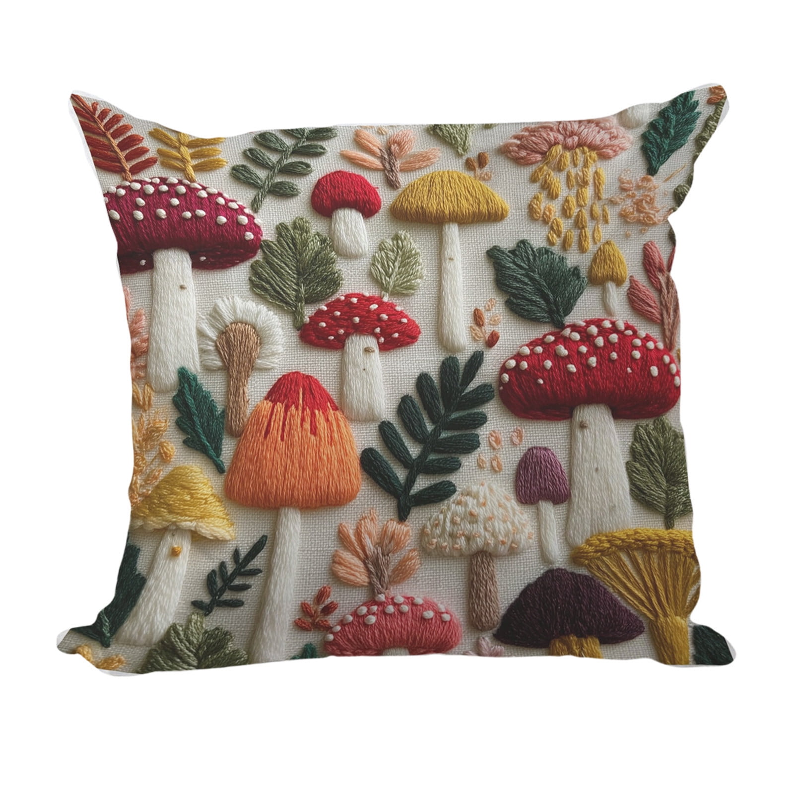 A Nature Inspired Faux Embroidered Pillow Cover With Mushroom And Tree ...