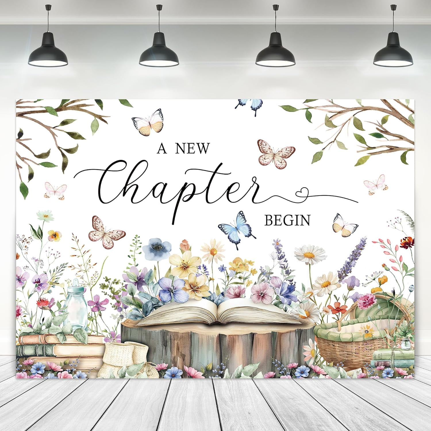 A New Chapter Begin Baby Shower Backdrop Book Wildflower Floral Wood ...