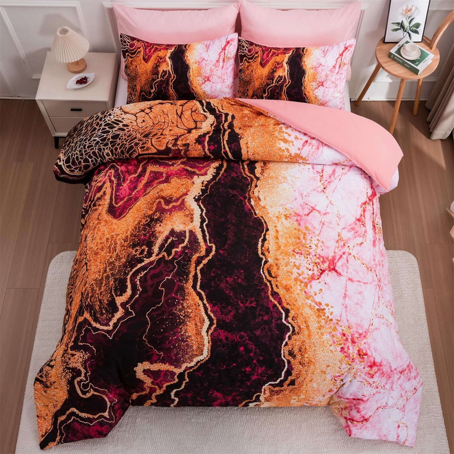 A Nice Night Marble Like Burning Mountain Printed Bedding Set Retro Style Watercolor Artwork ...