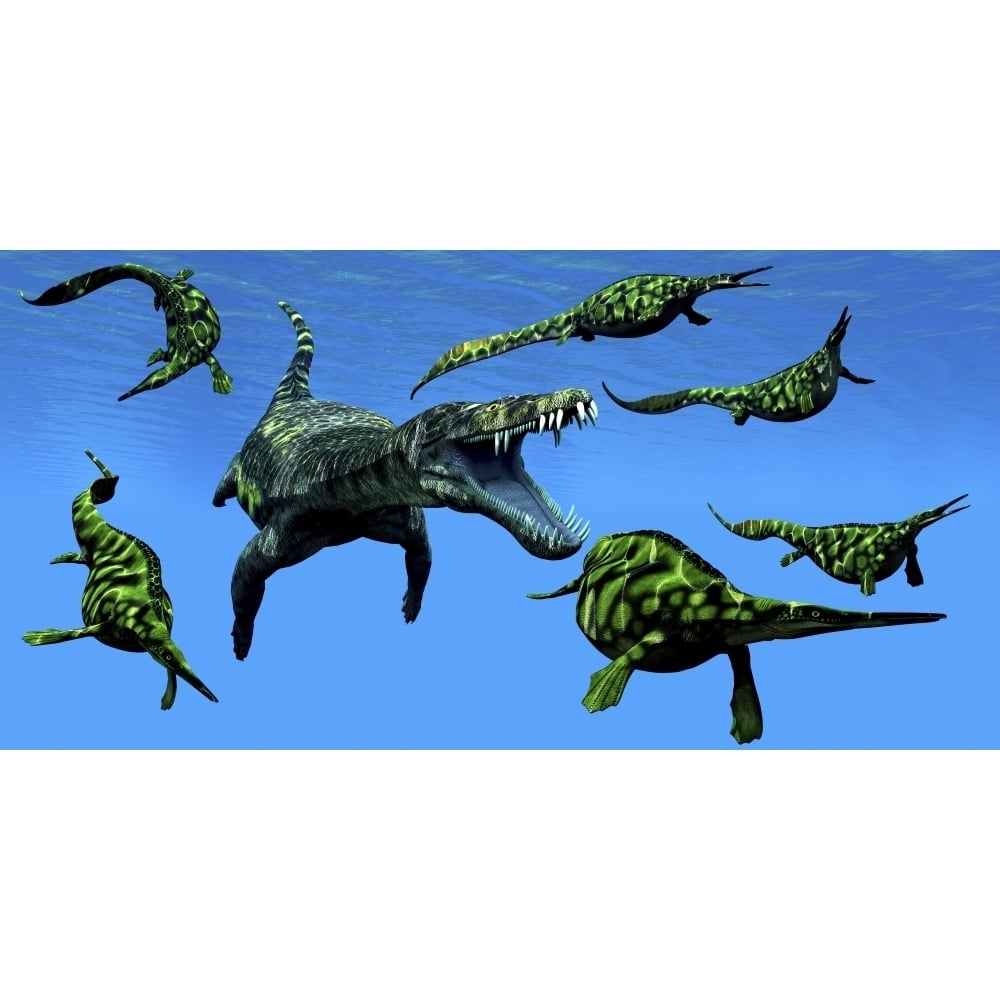 A Nothosaurus marine reptile attacks a pod of Hupehsuchus dinosaurs ...