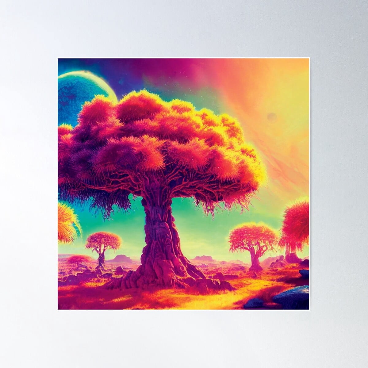 A Painting Of A Colorful Landscape With Trees And Planets Poster Wall ...