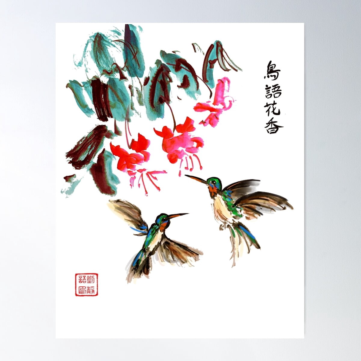 A Pair Of Humming Birds Chinese Brush Ink Painting Poster Wall Art ...