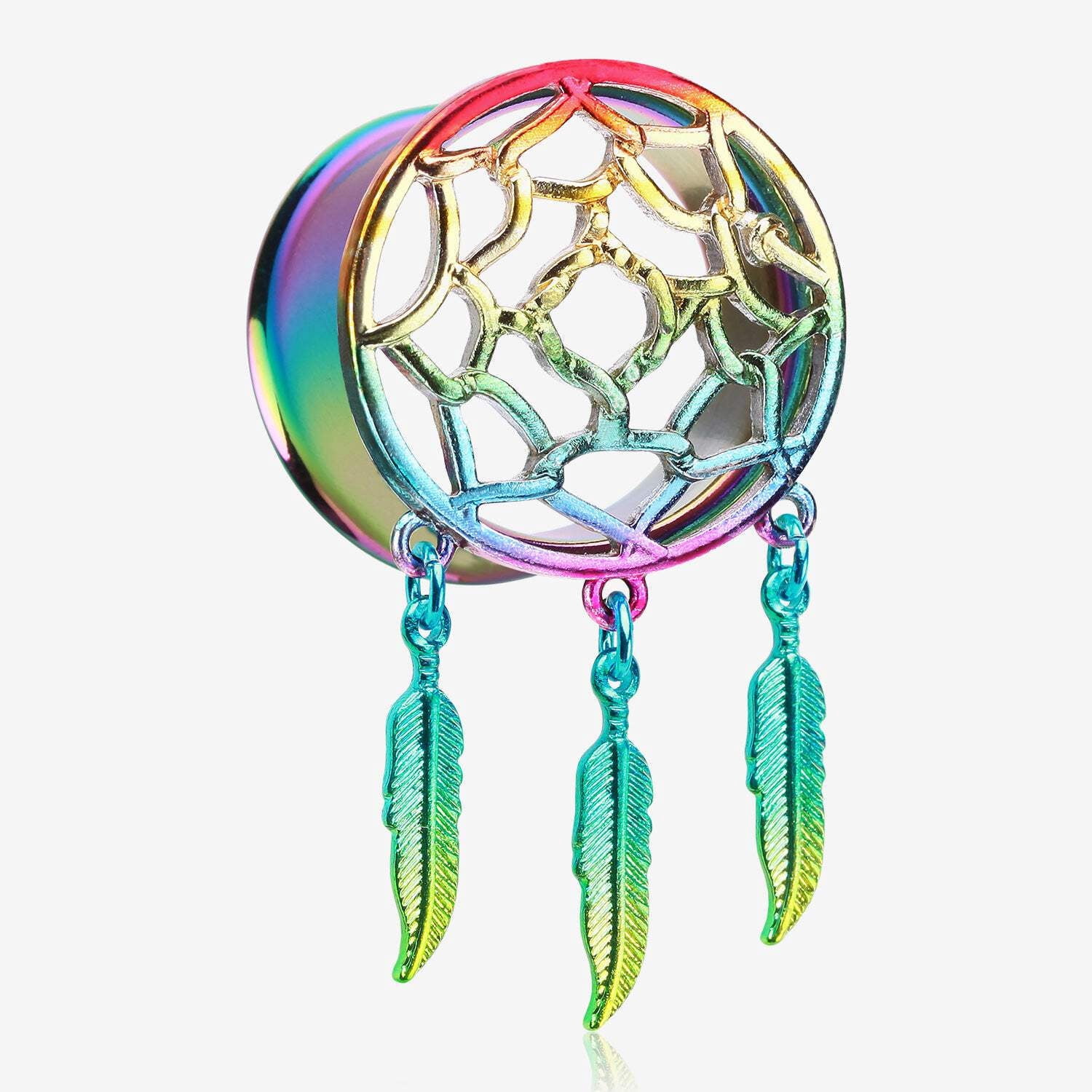 A Pair of Rainbow Dreamcatcher Feather Dangle Steel Ear Gauge Plug ...