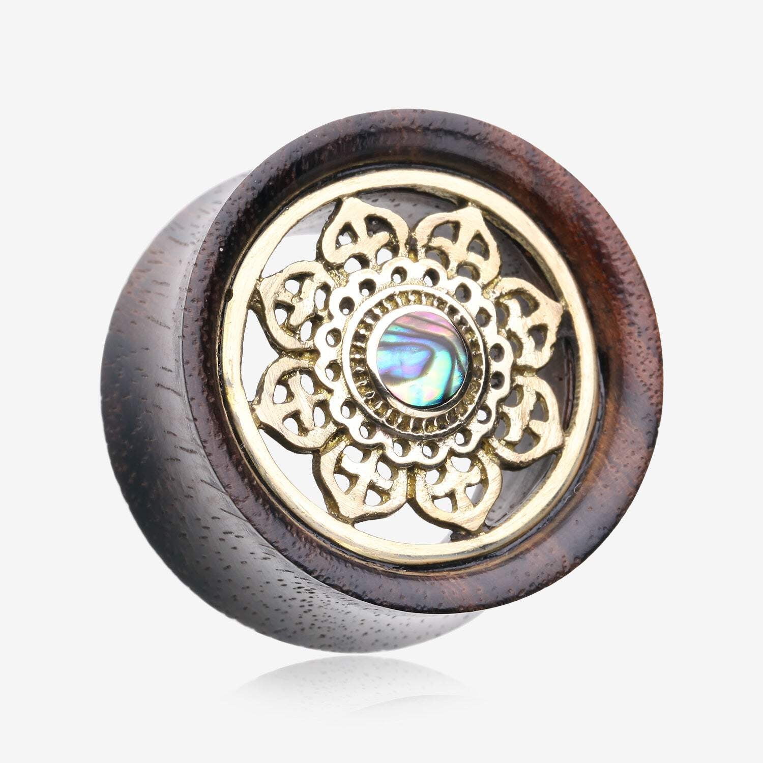 A Pair of Royal Bali Abalone Floral Brass Rosewood Double Flared Tunnel ...