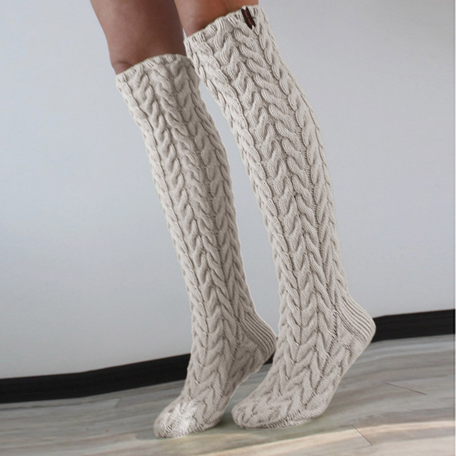 A Pair of Socks White Polyester Women's Cable Knitted Thigh High Boot ...