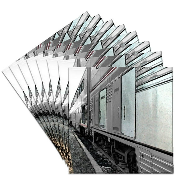 A Passenger Train In Black And White With Bits Of Mint Color On The Tracks, set of 8 Ceramic ...