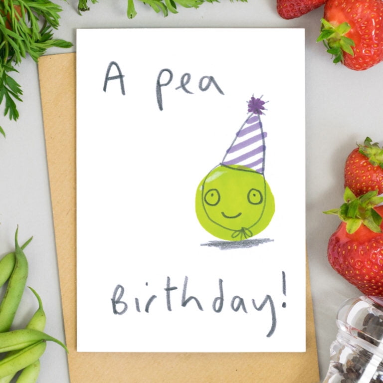 A Pea Birthday Card – Cute Green Pea Design with Party Hat – Blank ...