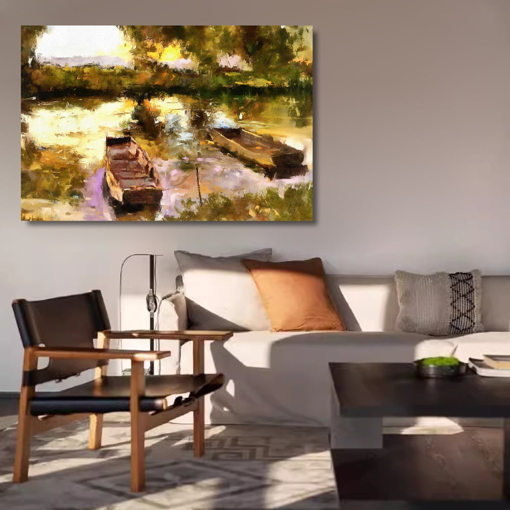 A Peaceful River And Two Small Boats Canvas Poster Bedroom Decor Sports ...