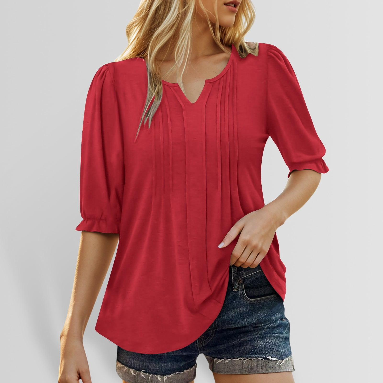 A Plain Colored Casual Top with Puffed Sleeves and A V Neck Five ...