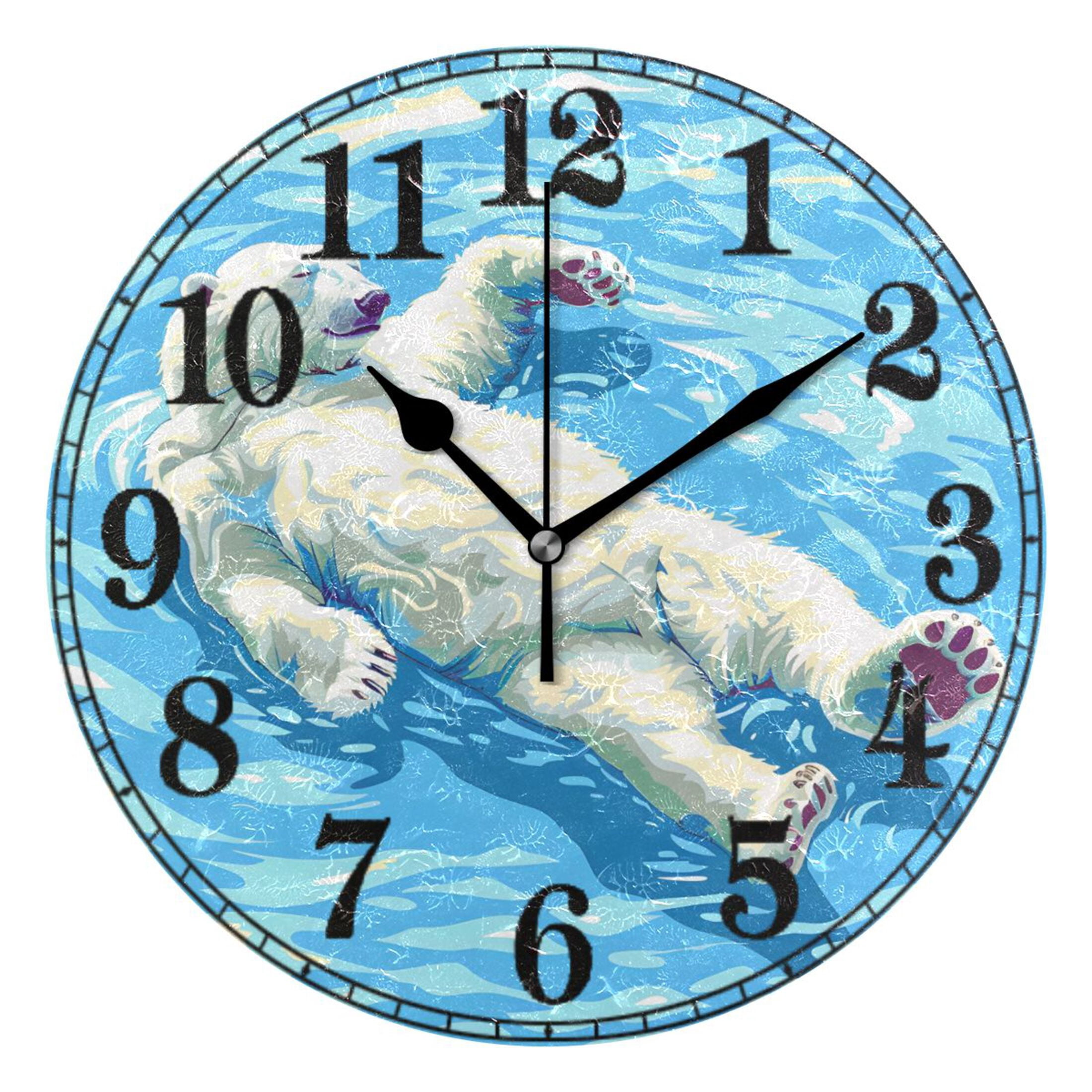 A Polar Bear on Water Silent Wall Clock 10" Non-Ticking Battery Clock ...