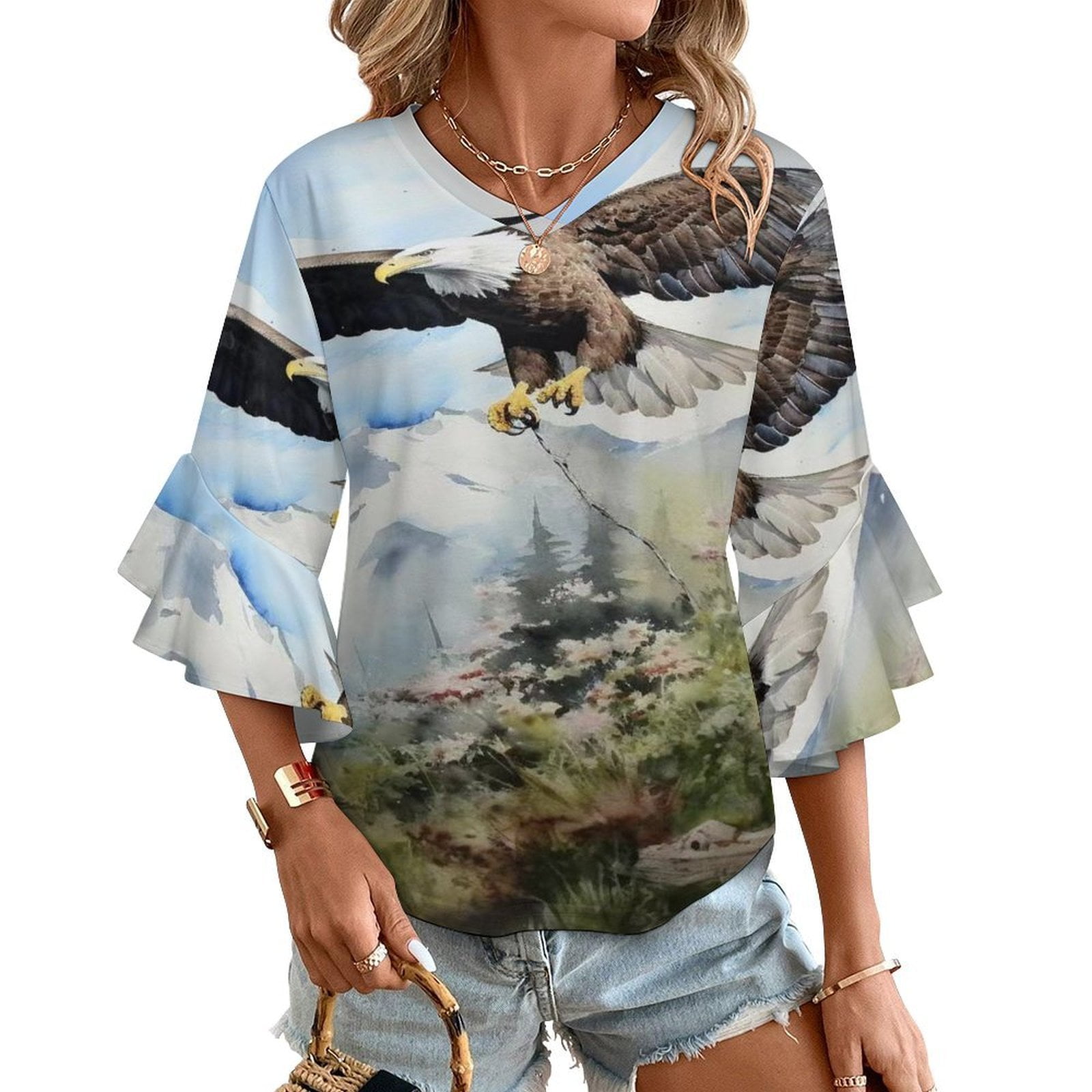 A Powerful Eagle Women's V-Neck Blouse With 3/4 Ruffled Bell Sleeves ...