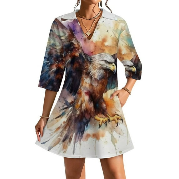A Powerful Eagle Womens Dress With Pockets Summer V Neck 3/4 Sleeve ...