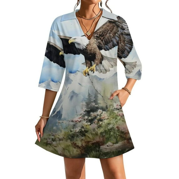 A Powerful Eagle Womens Dress With Pockets Summer V Neck 3/4 Sleeve ...
