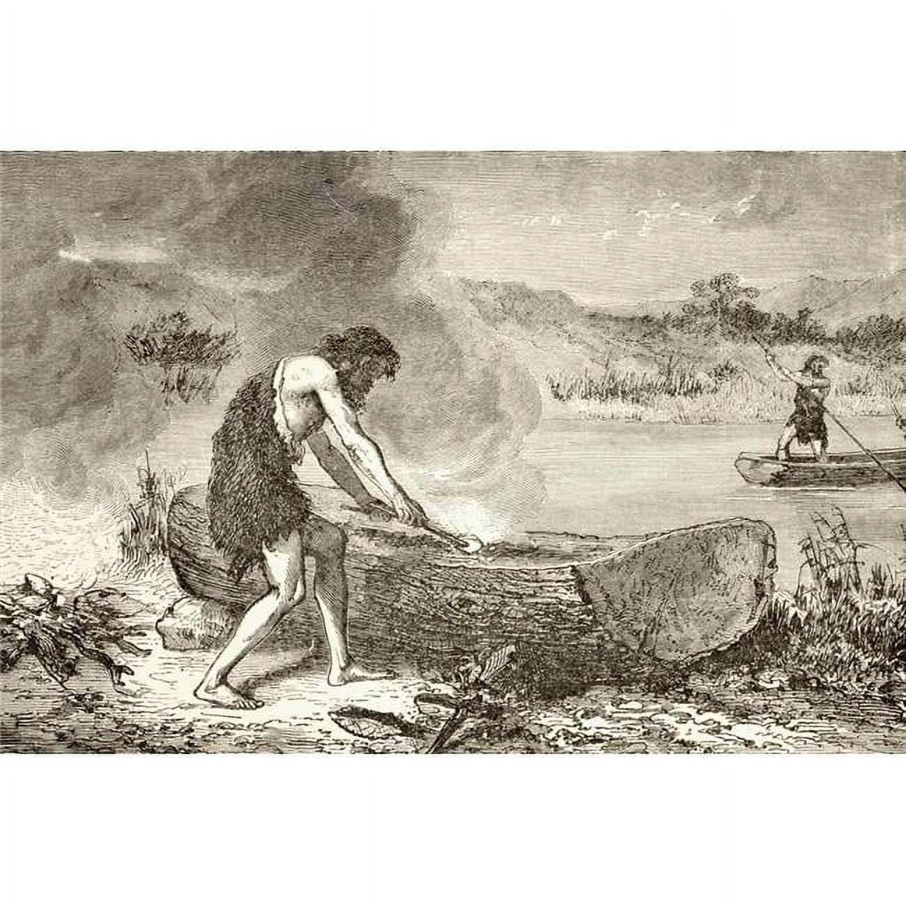 A Prehistoric Man Using Fire to Fashion A Canoe From A Log From The ...