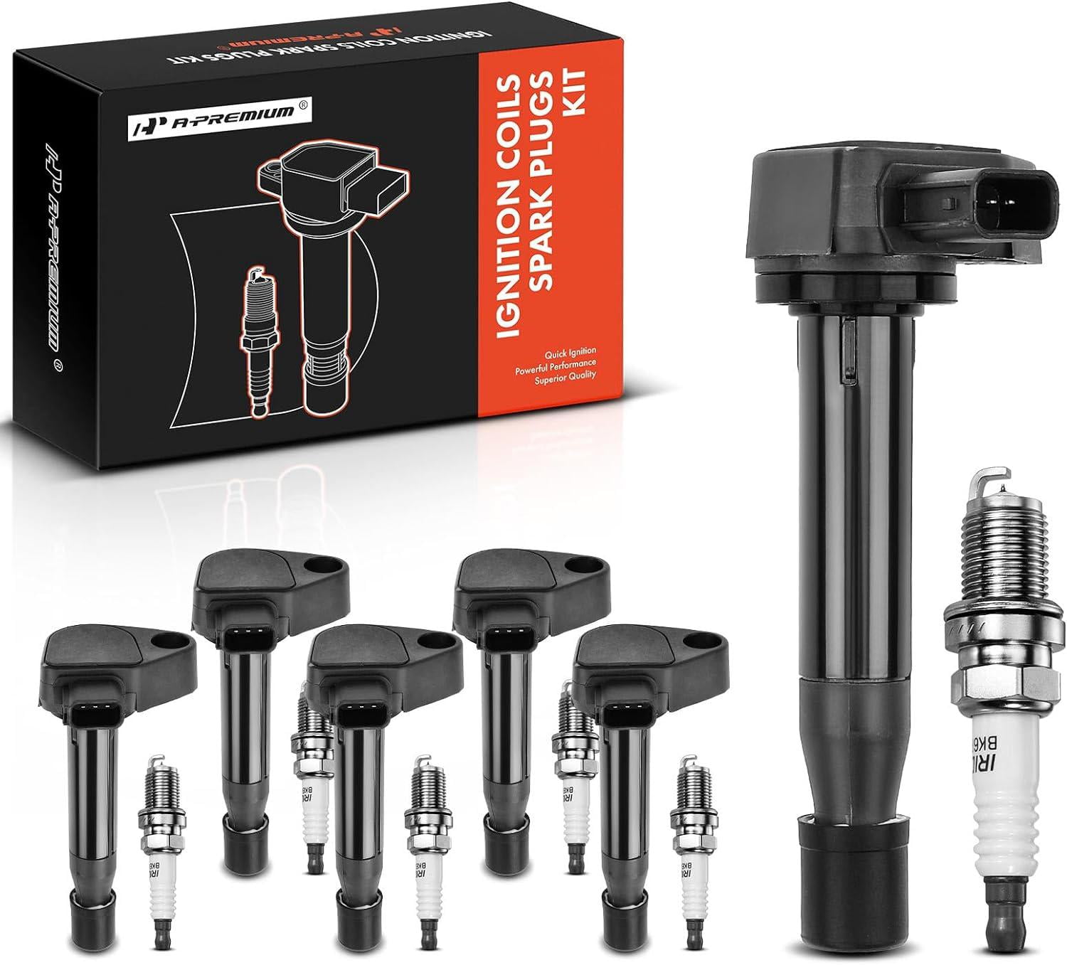 A-Premium Ignition Coil Pack Set of 6, Iridium Spark Plugs, Fits Honda Accord 2002, Acura TL ...