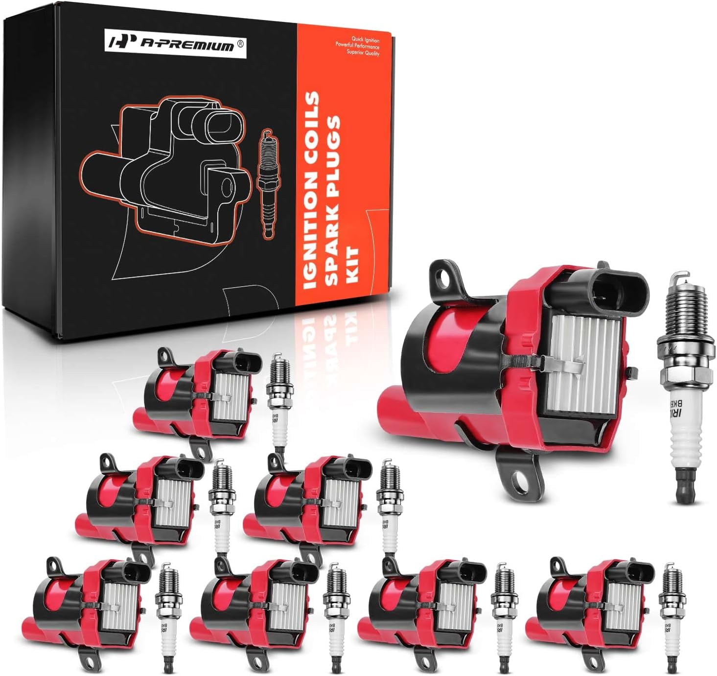 A-Premium Set of 8 (Red) Round Ignition Coil Pack and Iridium Spark ...