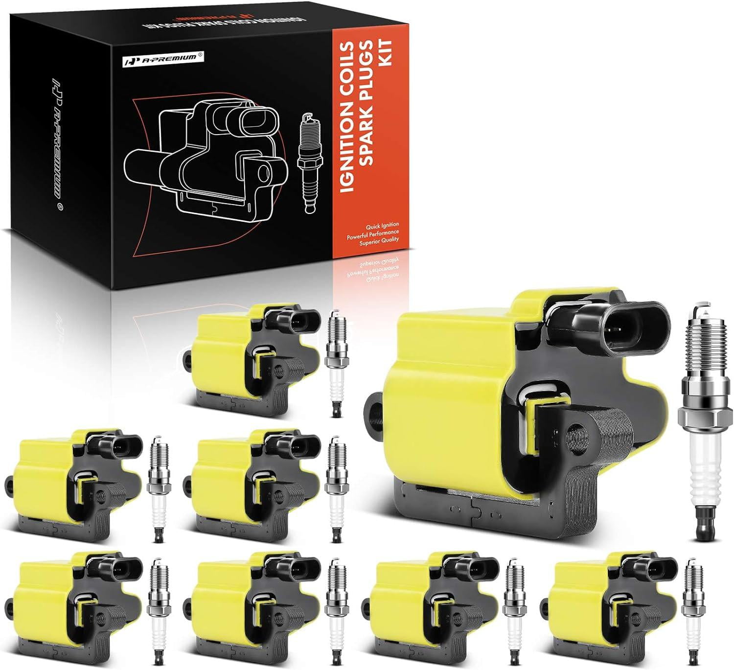 A-Premium Set of 8 (Yellow) Ignition Coil Pack and Iridium Spark Plugs ...