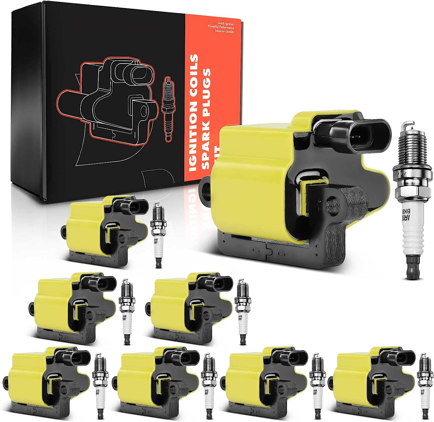 A-Premium Set of 8 (Yellow) Ignition Coil Pack and Iridium Spark Plugs ...