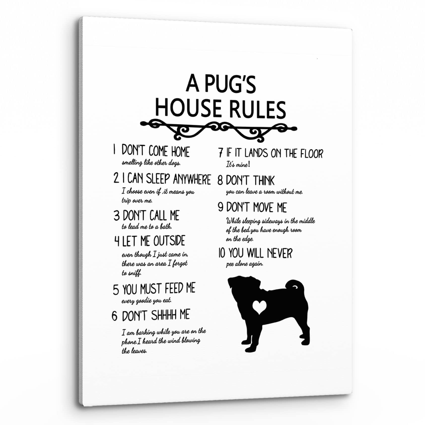 A Pug's House Rules Wall-Art, Funny Pug Dog Quote Print Canvas Painting ...
