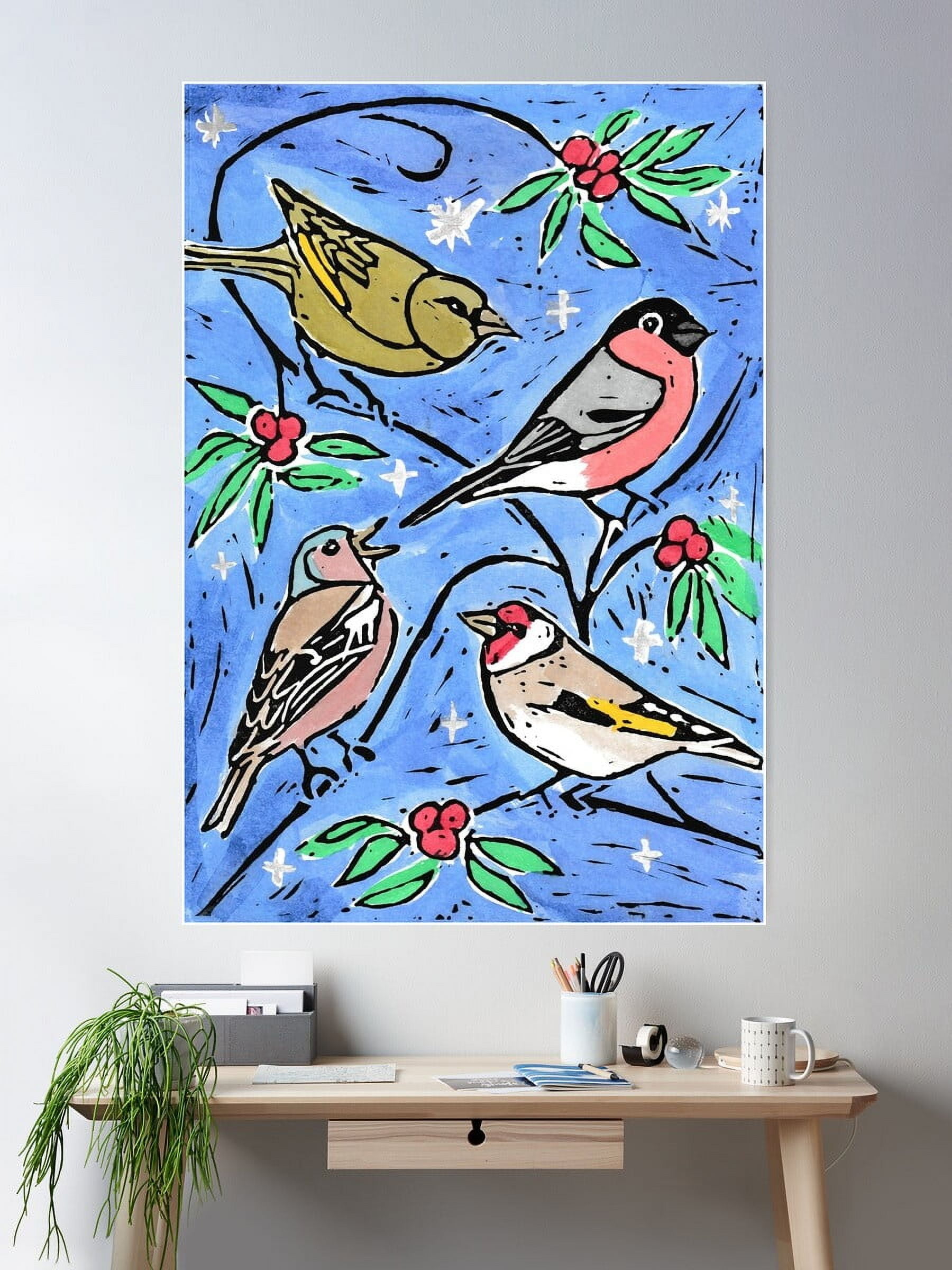 A Quartet Of Finches Poster Wall Art, Modern Wall Decor For Living Room ...