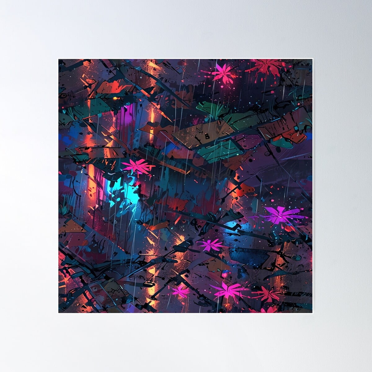 A Rain-Soaked Street Glowing With Neon Reflections Poster Wall Art, Modern Wall Decor For Living ...