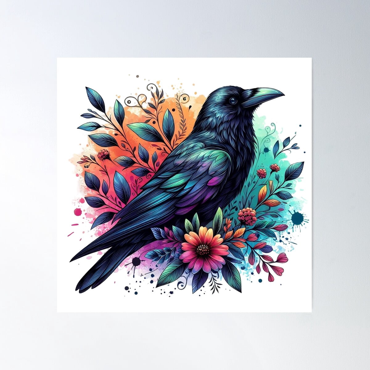 A Raven With A Colorful Background And Various Leaves And Flowers ...
