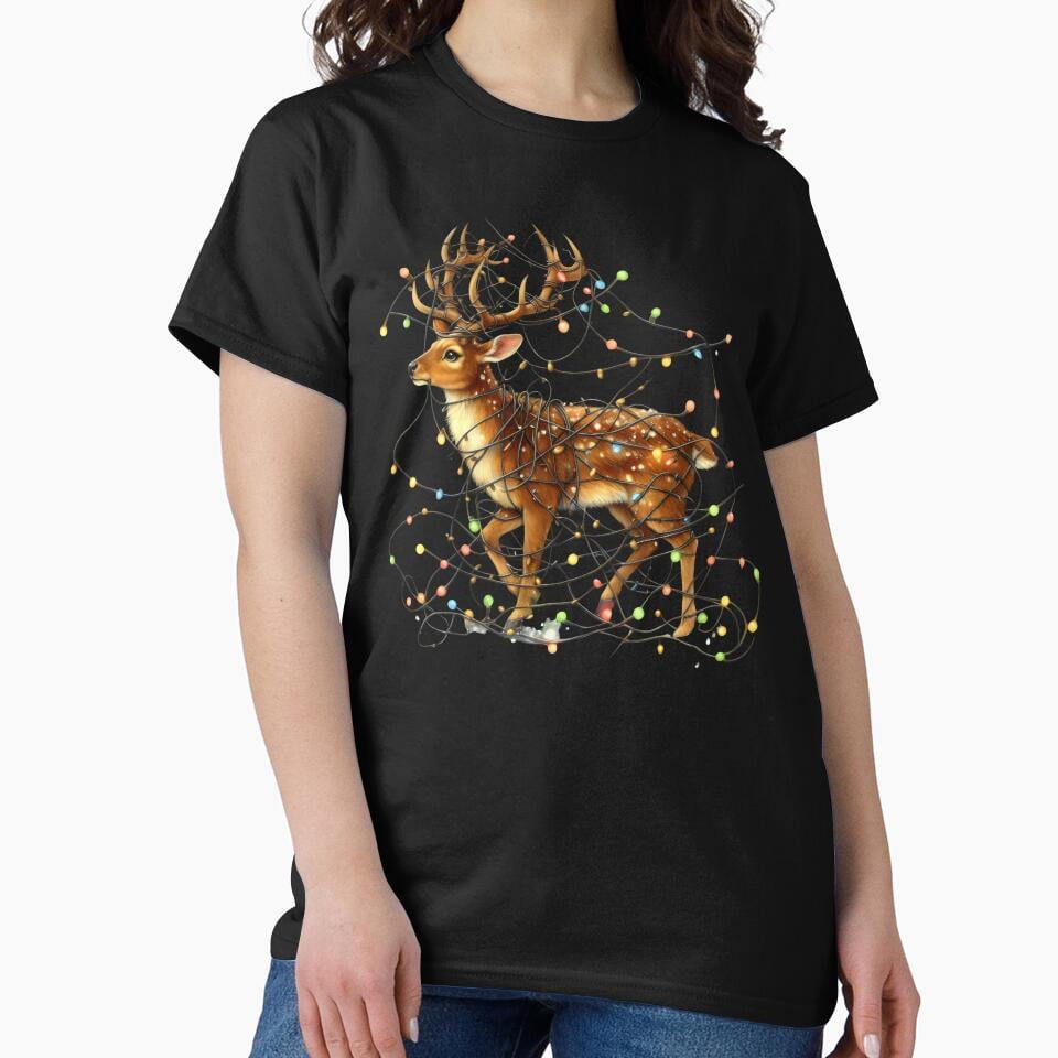 A Reindeer Tangled In Glowing Christmas Lights Funny M2101 T-Shirt, for ...