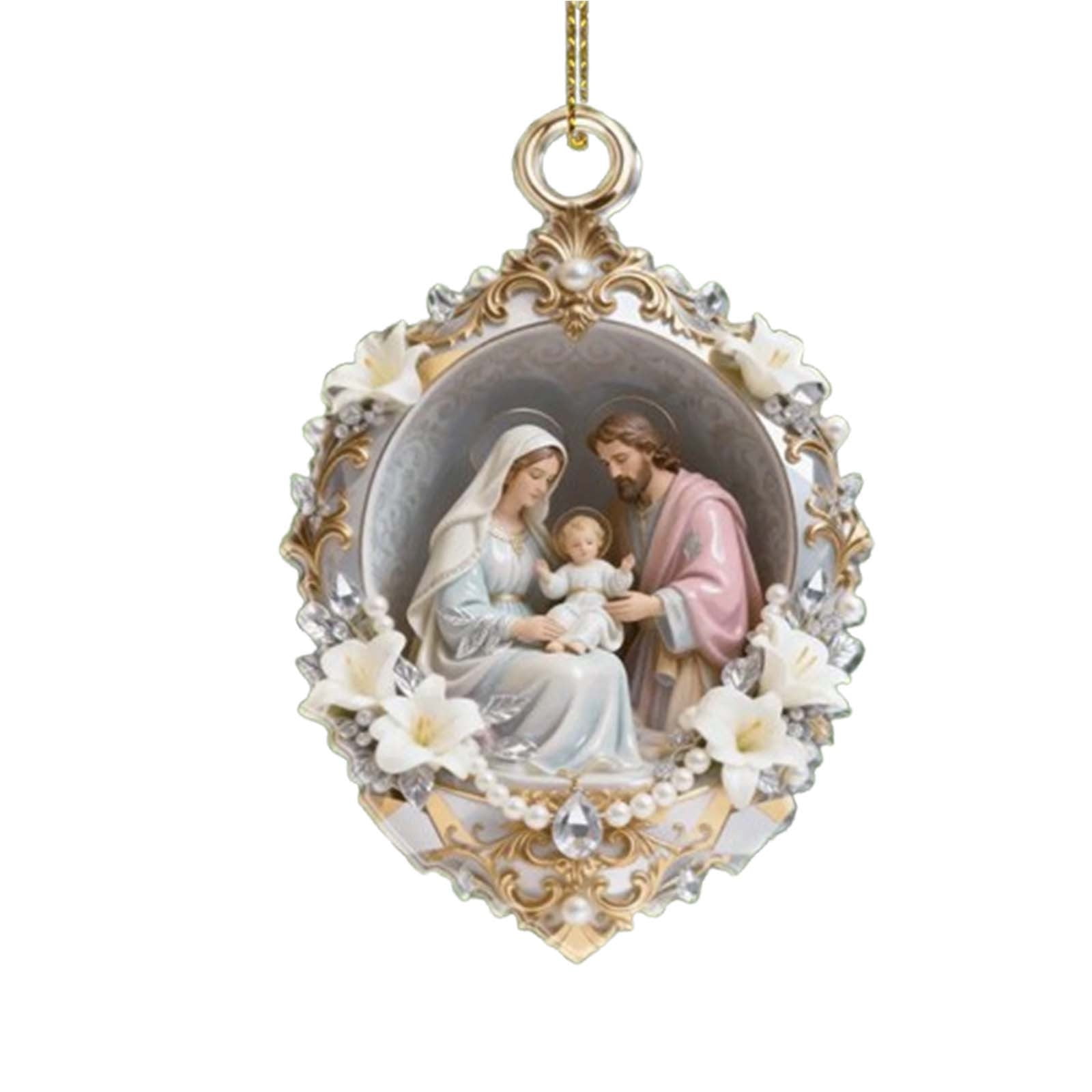 A Religious Christmas Ornament With Holy Family Design, Lilies Frame ...