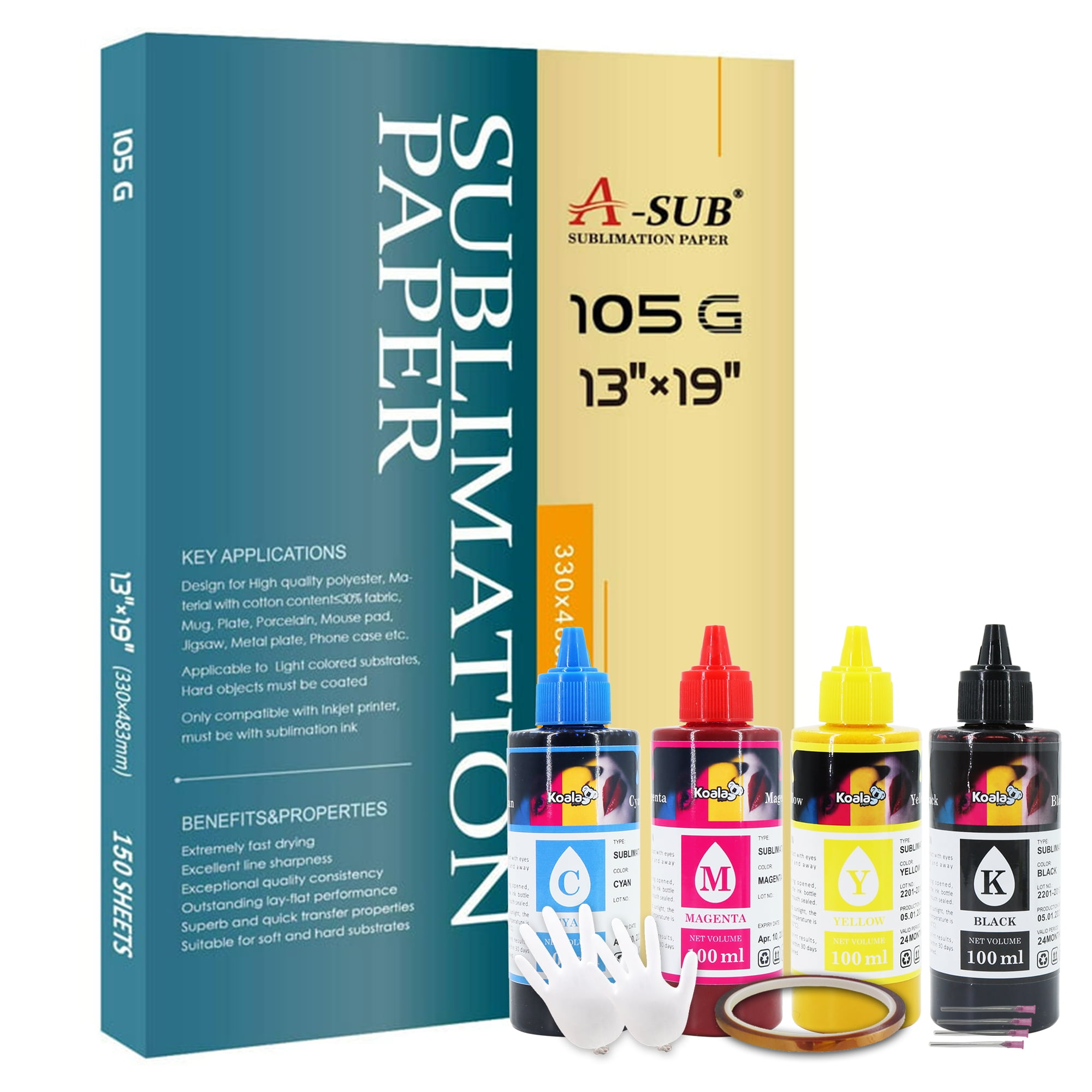 A-SUB 150 Sheets 105g Sublimation Paper 13X19'' + Koala 4X100ml Sublimation Ink CMYK for Epson ...