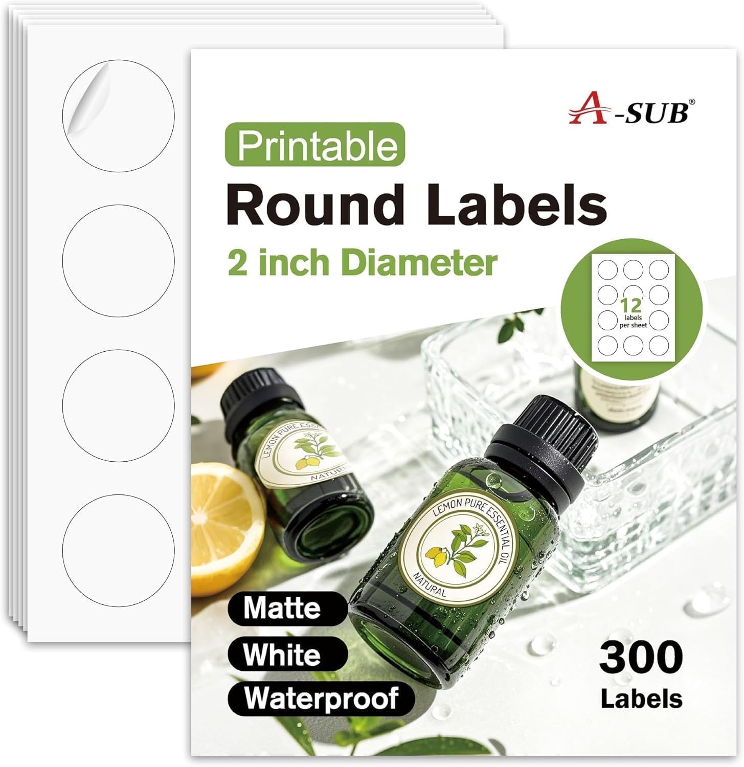 A-SUB 2 Inch Round Label Stickers for Inkjet or Laser Printer, Waterproof Matte White, 300 ...