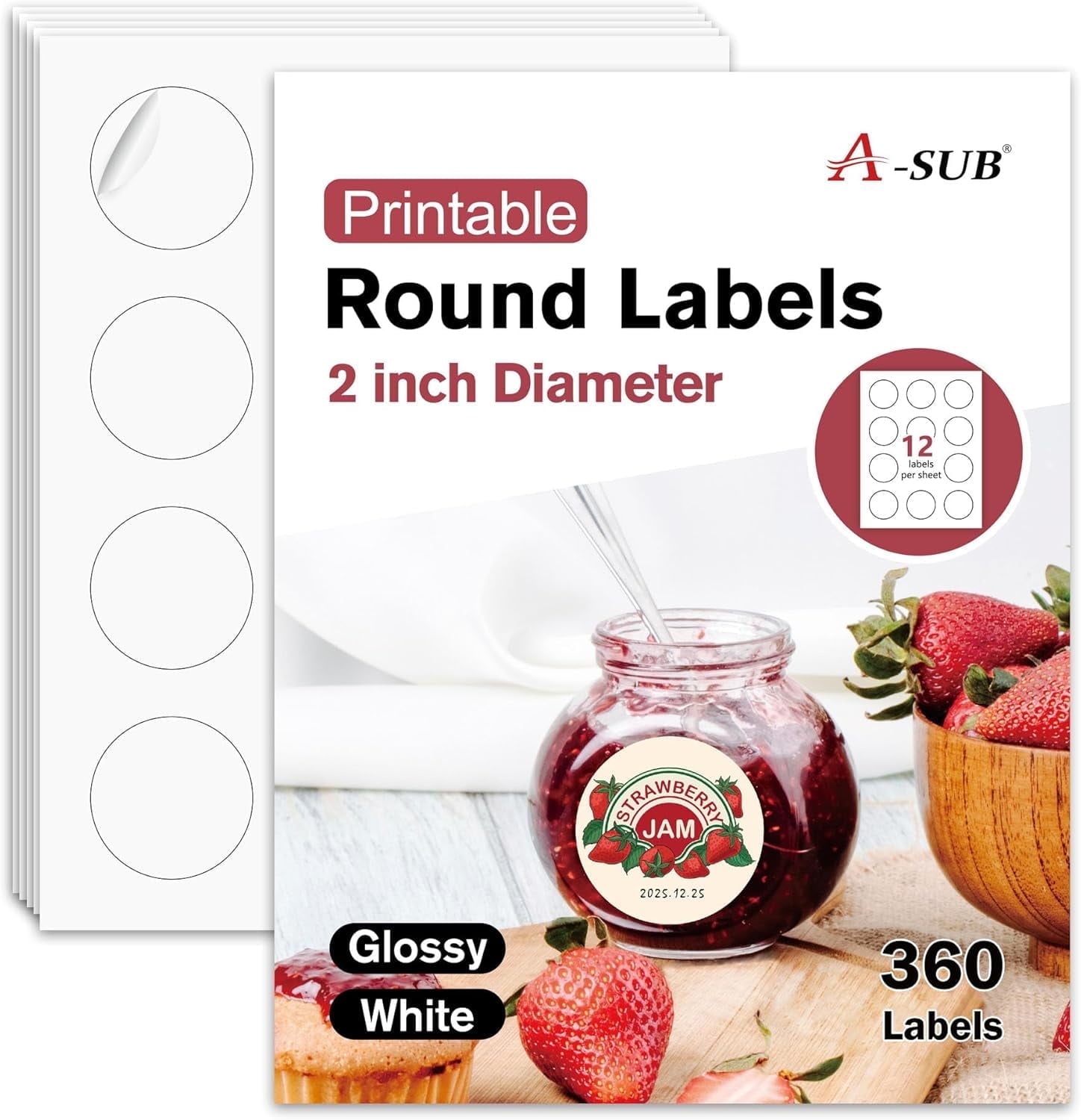 A-SUB 2" Round Label Stickers for Inkjet or Laser Printer, Glossy White ...