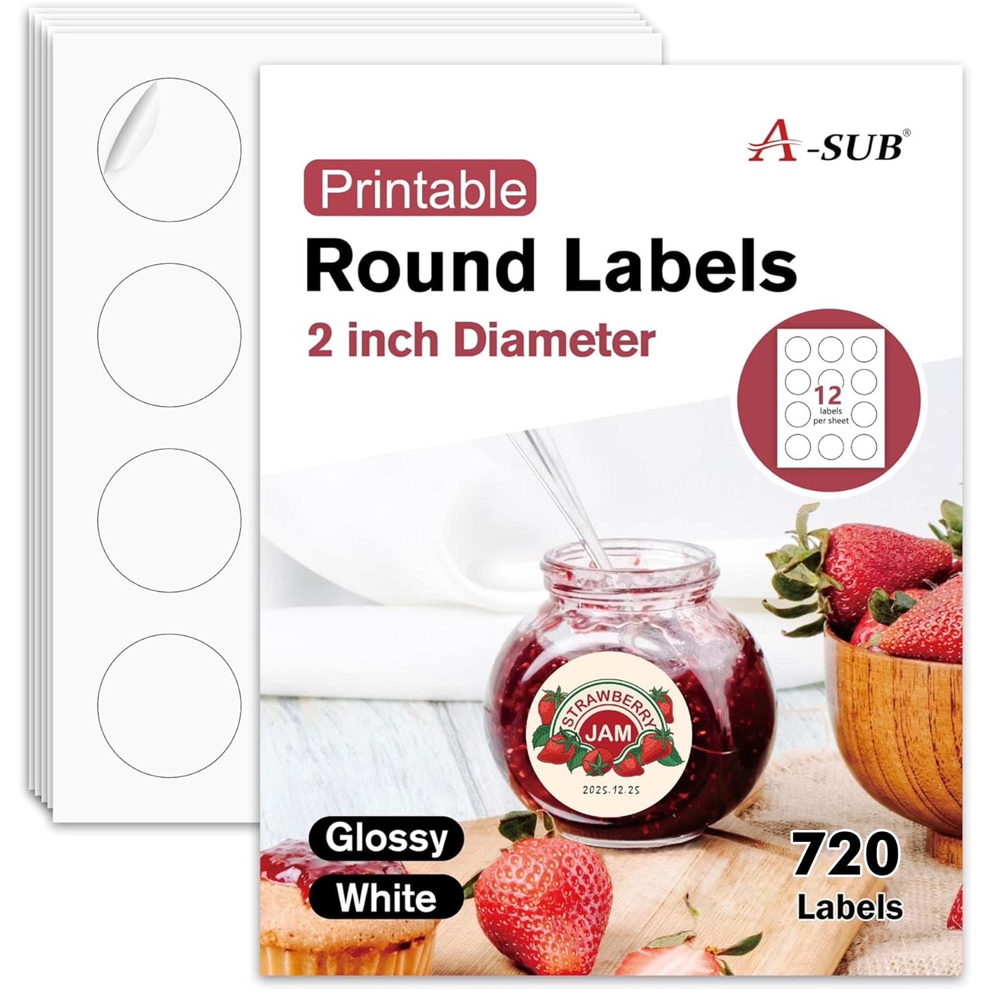 A-SUB 2" Round Label Stickers for Inkjet or Laser Printer, Glossy White ...