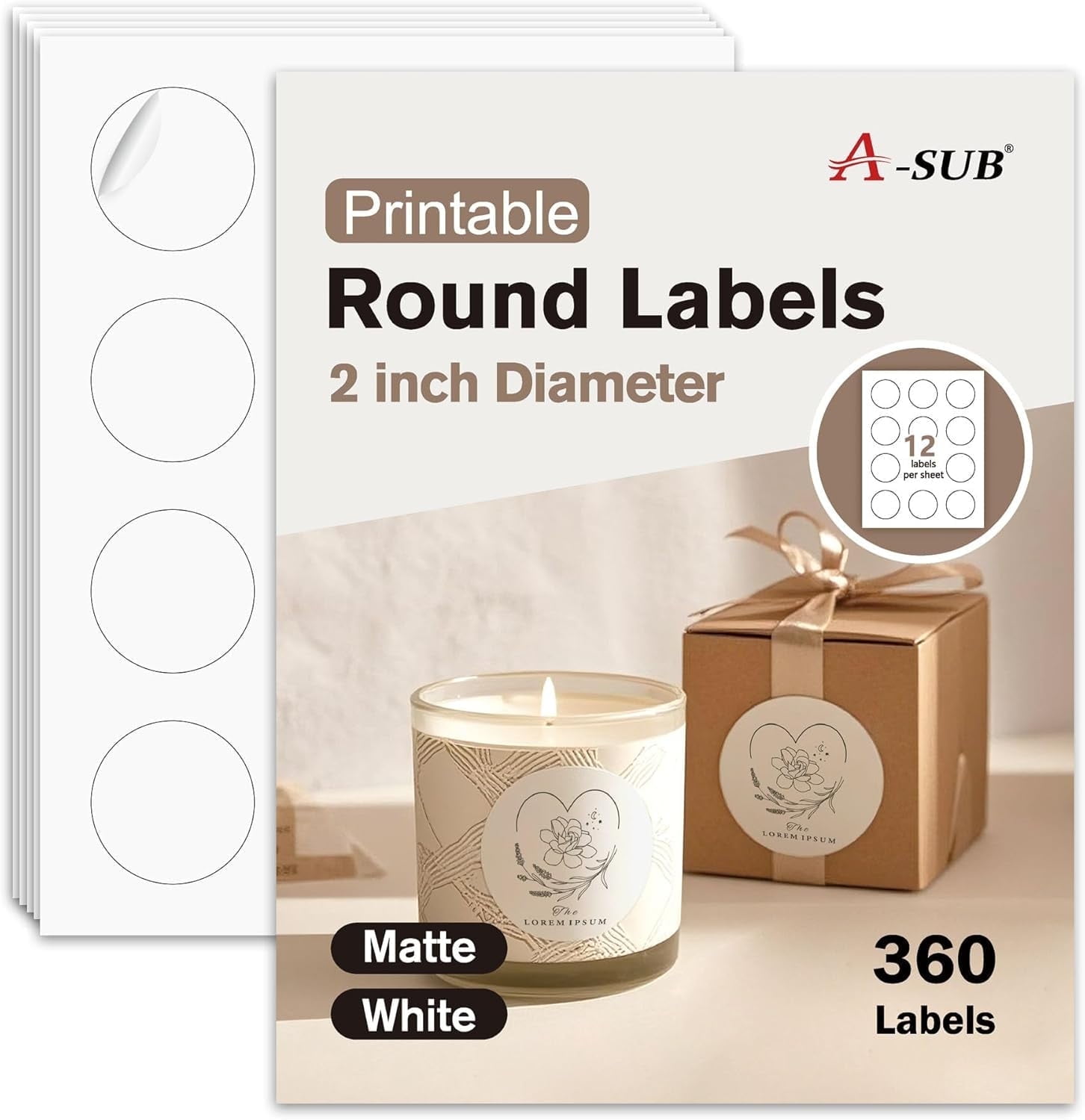A-SUB 2" Round Label Stickers for Inkjet or Laser Printer, Matte White ...