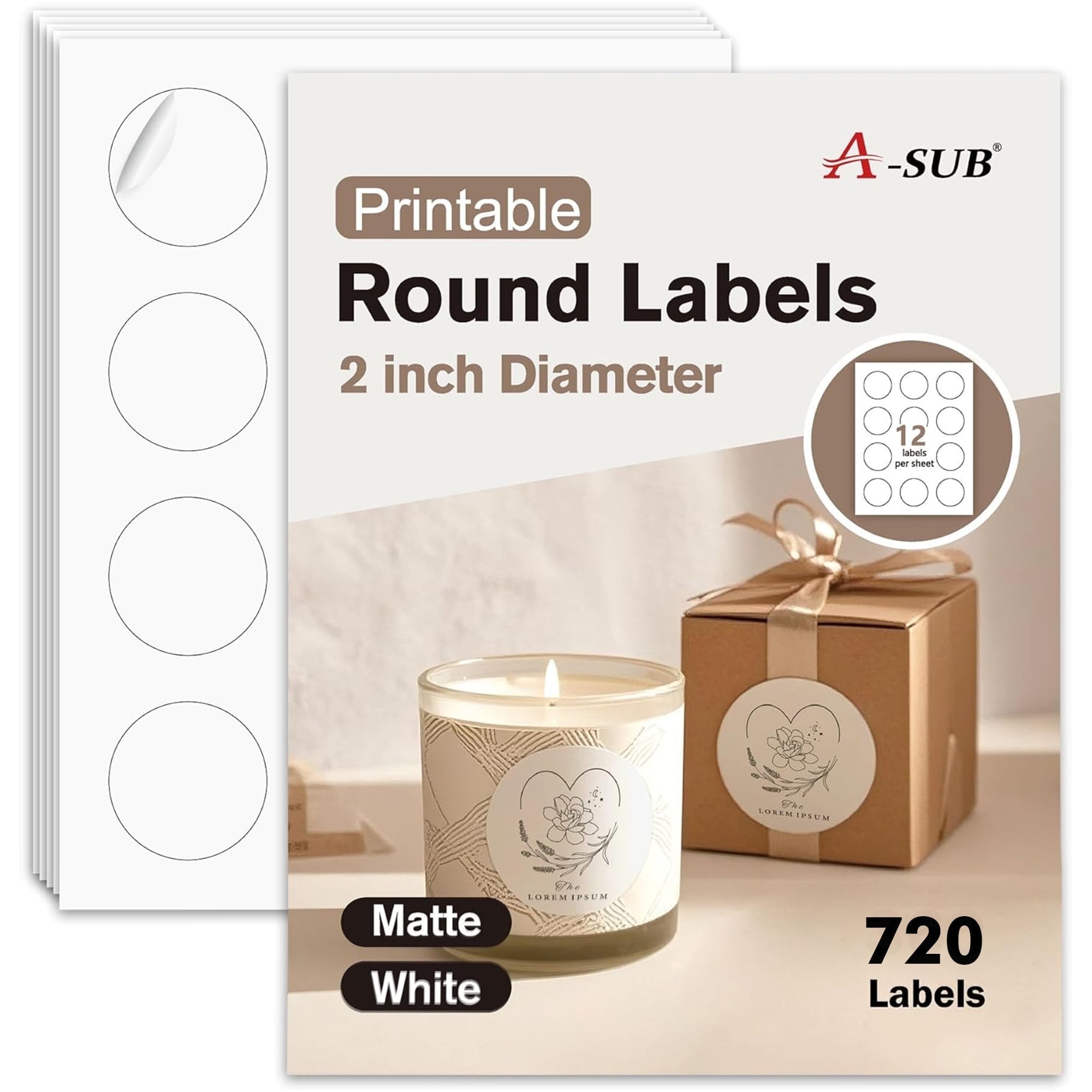A-SUB 2" Round Label Stickers for Inkjet or Laser Printer, Matte White ...