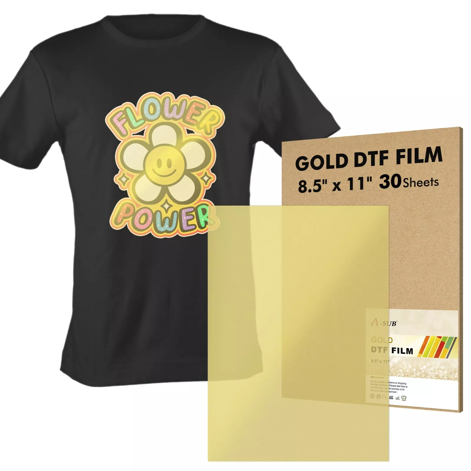 A-SUB DTF Film 8.5x11 30 Sheets Gold Clear Sublimation Paper for Dark Fabric, New Released Gold ...