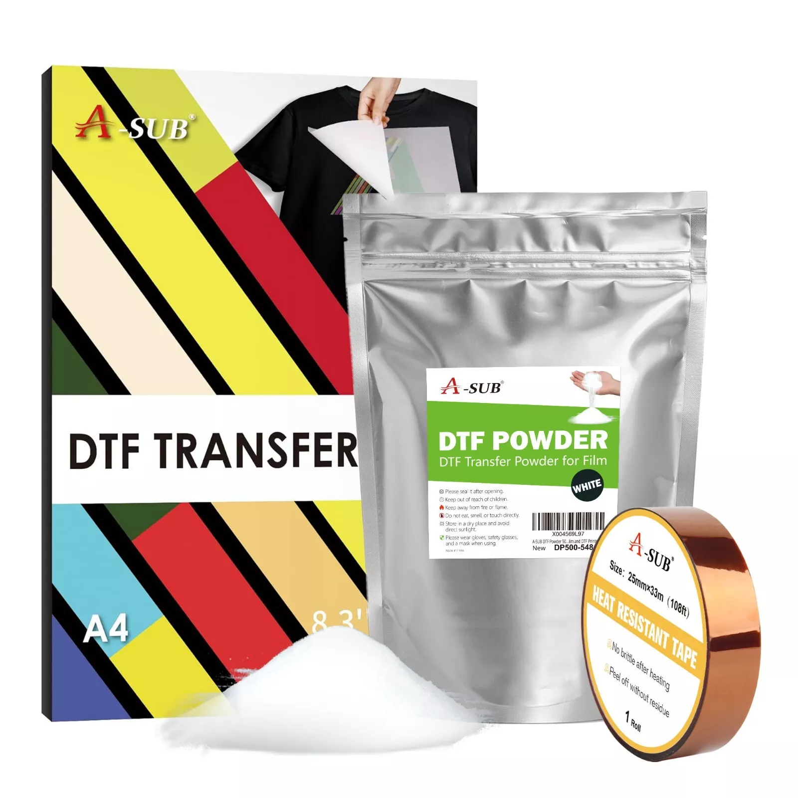 A-SUB DTF Film Powder - DTF Starter Kit for Sublimation, DTF Transfer Sheets A4 + DTF Powder ...