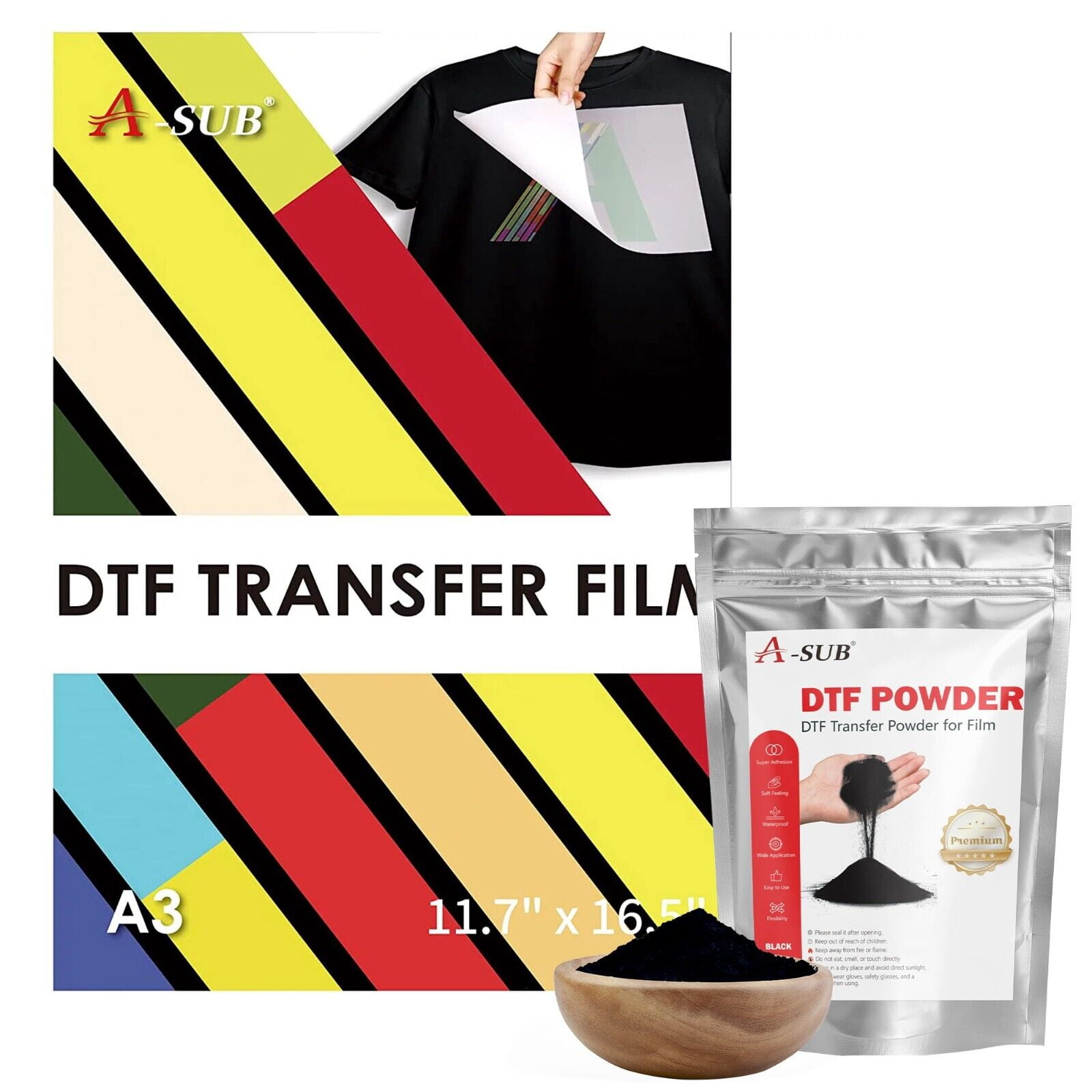 A-SUB DTF Powder and DTF Film Kit - 30 Sheets A3 DTF Paper + 2.2lb Black DTF Powder for ...