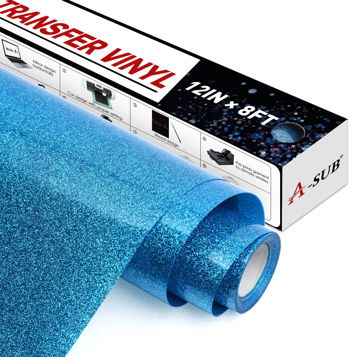A-SUB Glitter HTV Heat Transfer Vinyl 12"x8ft Sky Blue for Shirts ...