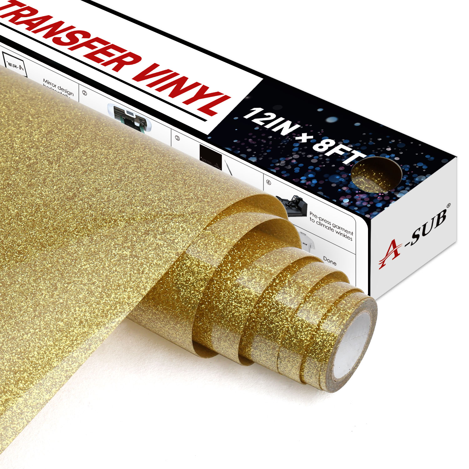 A-SUB Gold Glitter HTV Vinyl Rolls 12" x 8ft Gold Glitter Heat Transfer ...